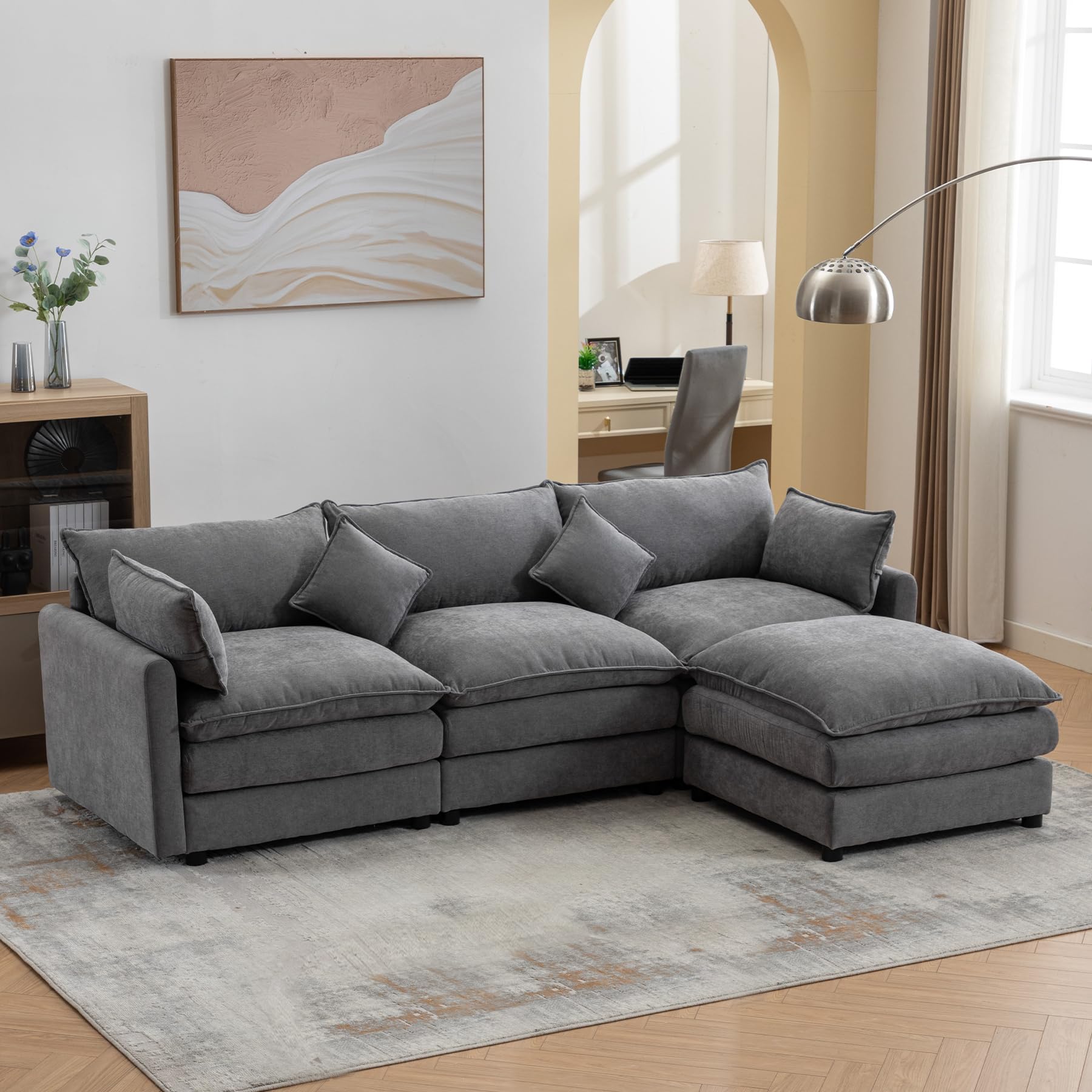 Dolonm L Shaped Sofa Modern Grey Sectional Couches for Living Room Extra Large Cloud Couch 3 Seater Upholstered Sofa with Ottoman, 101 Inch Wide