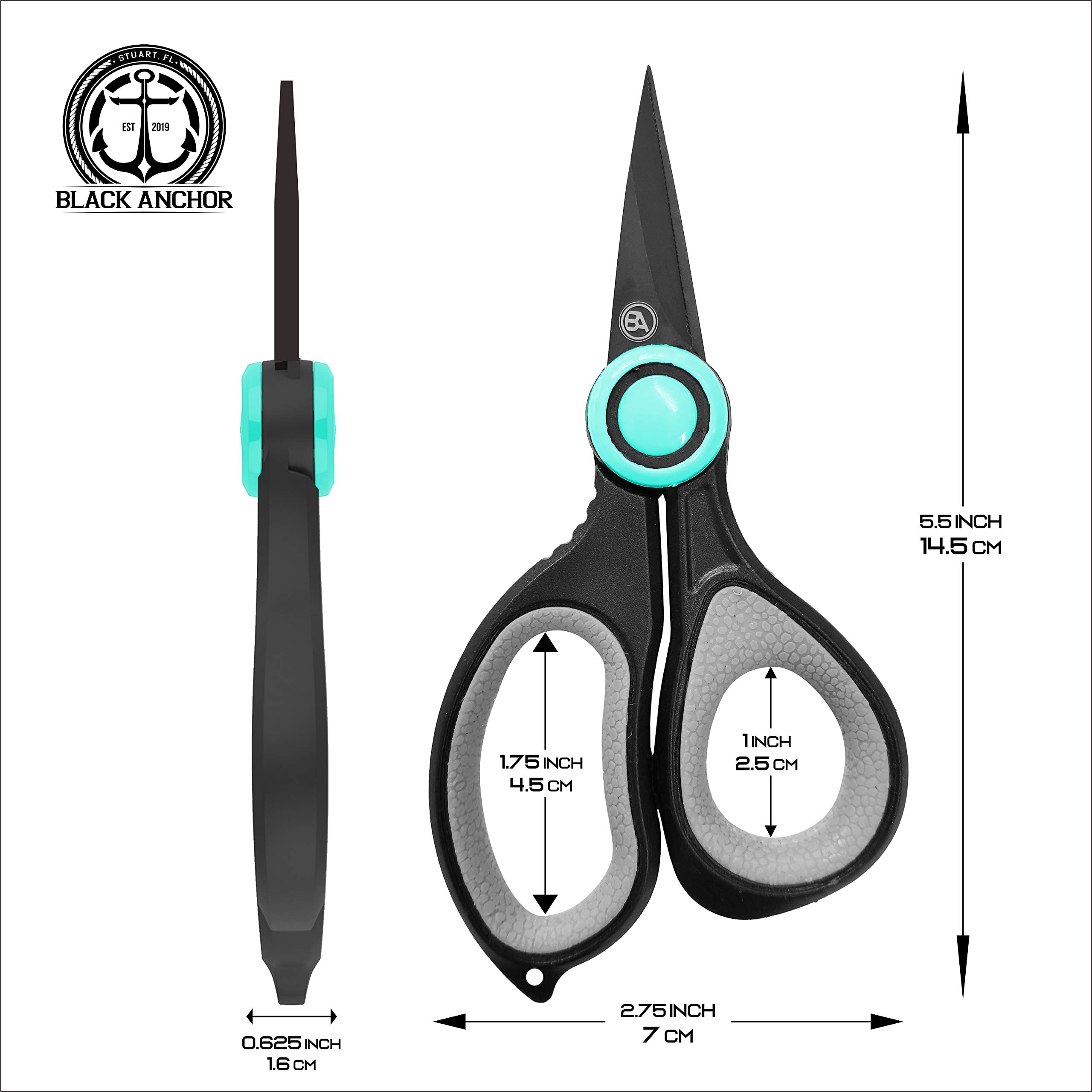 Black Anchor Fishing Braid Line Scissors, Super Sharp Japanese Stainless Steel Blades with Micro Serrated Cutters, w/Sheath, Non-Slip TPR Handles, Includes Lanyard