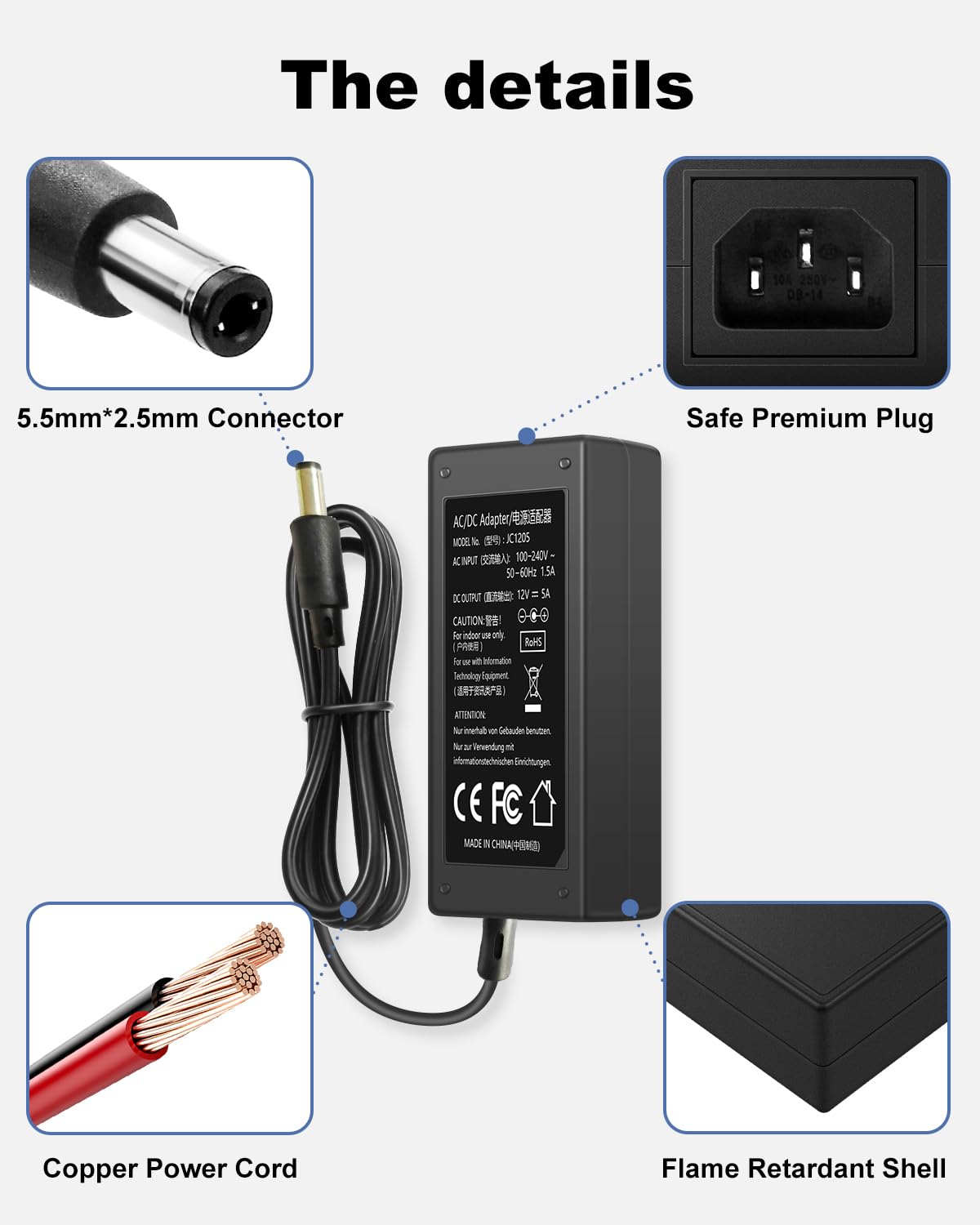DC 12 Volt 5 Amp Power Supply 60W AC Adapter 100-240V 50-60Hz AC to DC 12V 5A Power Adapter Transformer with 5.5mm x 2.5mm DC Outlet Plug for LED Strip Light CCTV Camera 3D Printer...