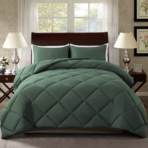 ELNIDO QUEEN Full Comforter Set - Green All Seasons Bedding Comforters & Sets with 2 Pillow Cases - 3 Pieces Bed Set - Down Alternative Comforter Set- Bedding Comforter Sets Full Size (82x86 inch)
