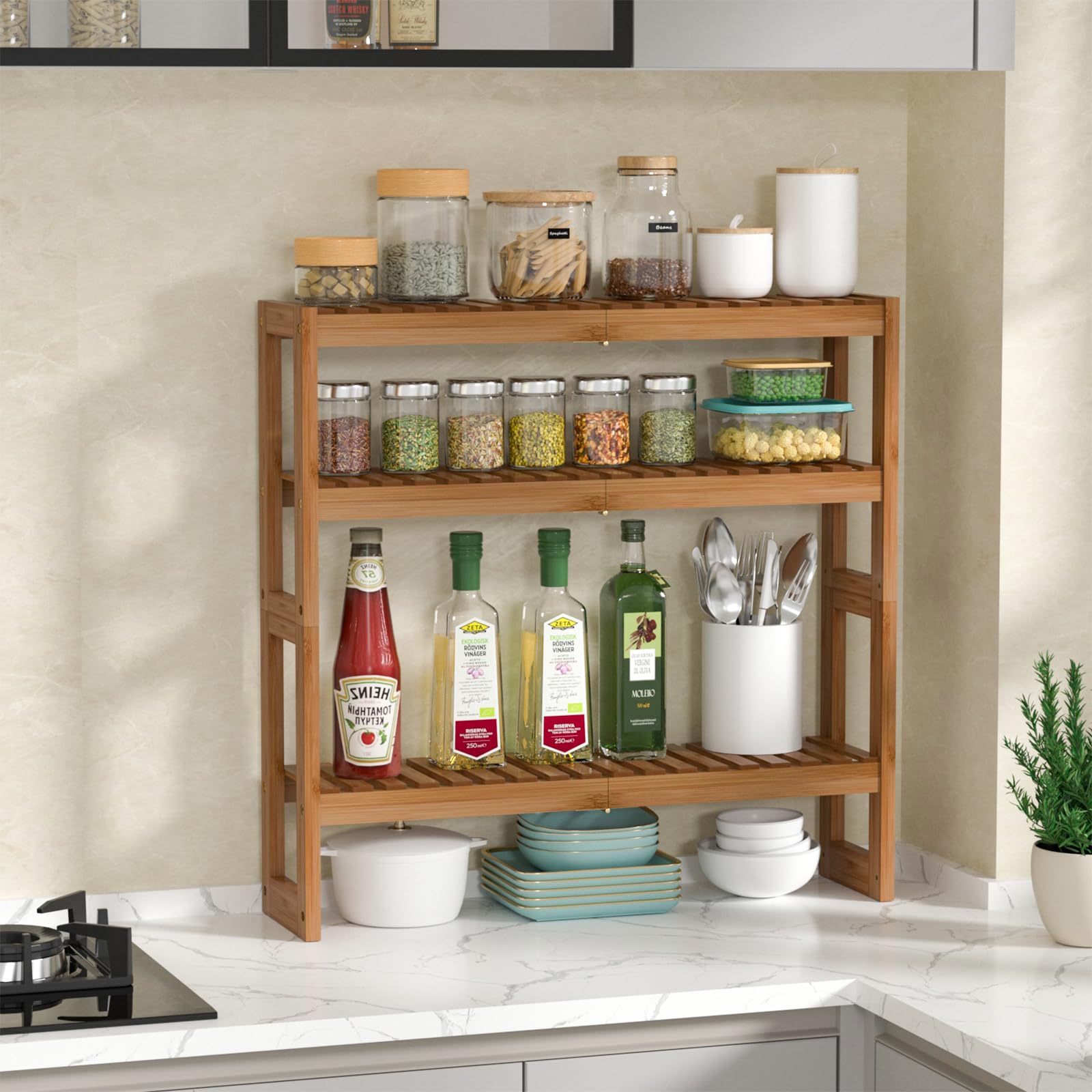 Domax Bathroom Shelves Over The Toilet Storage Shelf - 3 Tier Wall Mount Bamboo Bathroom Shelf Organizer Multifunctional Adjustable Layer Free Standing Utility Shelves for Bathroom Living Room Kitchen