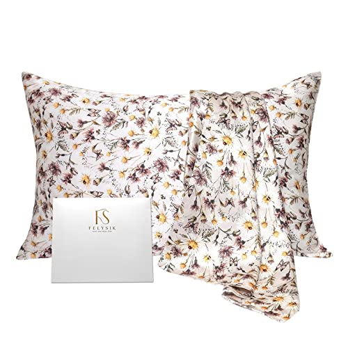 FELYSIK Butterfly Floral Silk Pillowcase for Hair and Skin Standard 20"x26", 22 Momme Mulberry Silk Khaki Flower Print Pillow Cases with Zipper