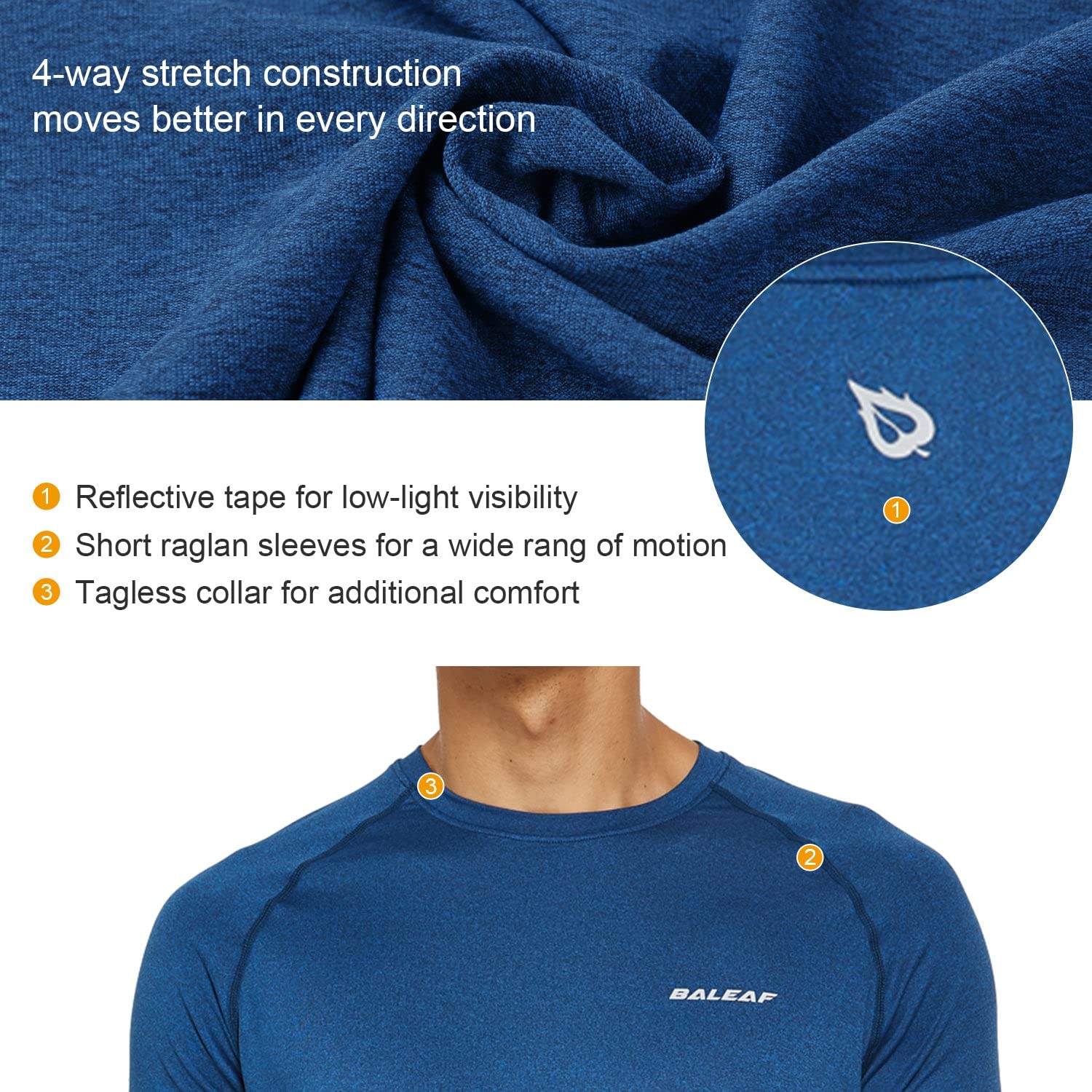 BALEAF Men's Quick Dry Short Sleeve T-Shirt Running Workout Shirts Heather Blue Size L