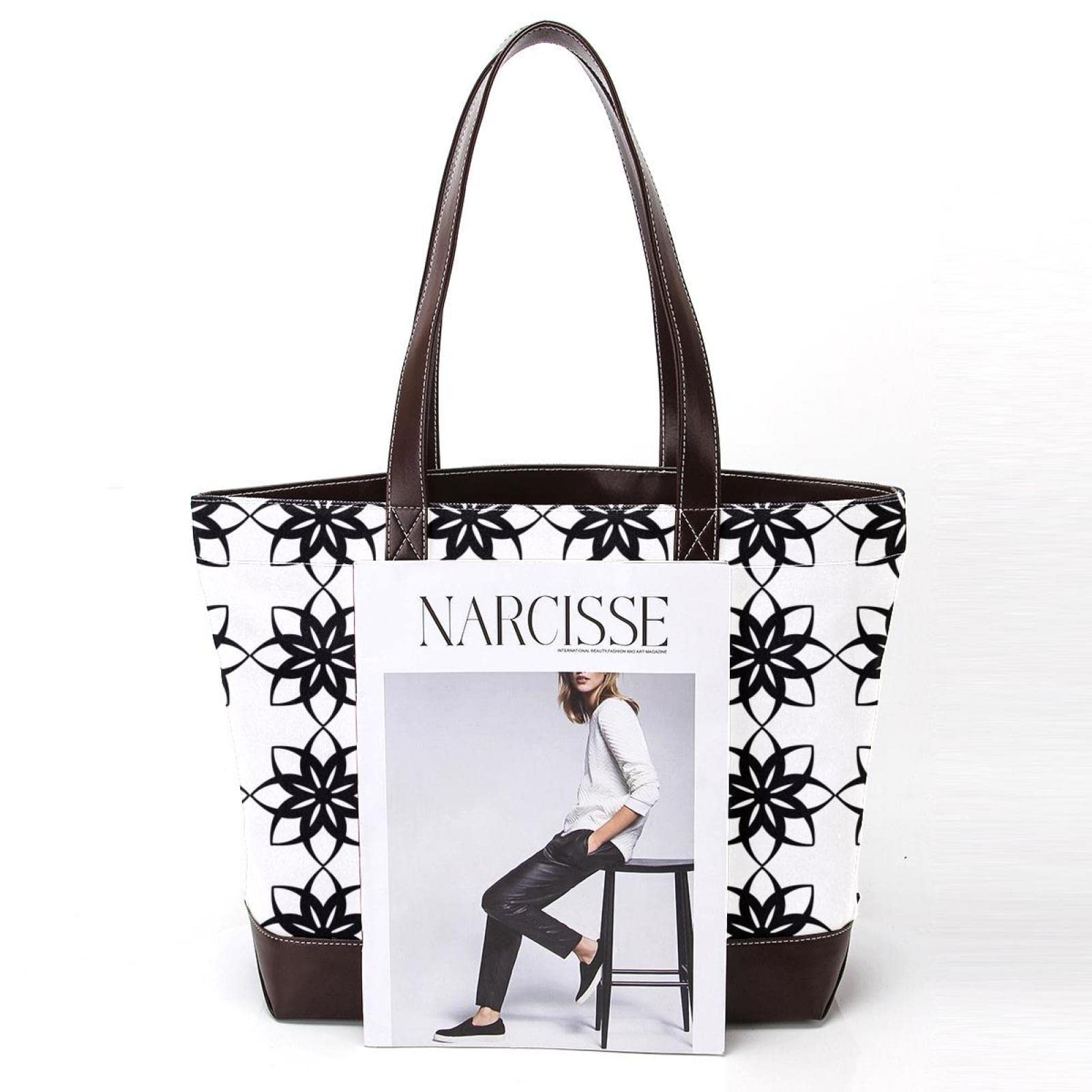 Black and White Repeating Geometric Flower Pattern Tote Bags Large Leather canvas Purses and Handbags for Women Top Handle Shoulder Satchel Hobo Bags