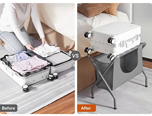 ELYKEN 2 Pack Luggage Rack with Laundry Bag, Guest Room Folding Space Saving Suitcase Holder, Max 110LBS Baggage Shelf with Heavy Duty Nylon Belts, Dirty Clothes Storage for Bedroom Hotel