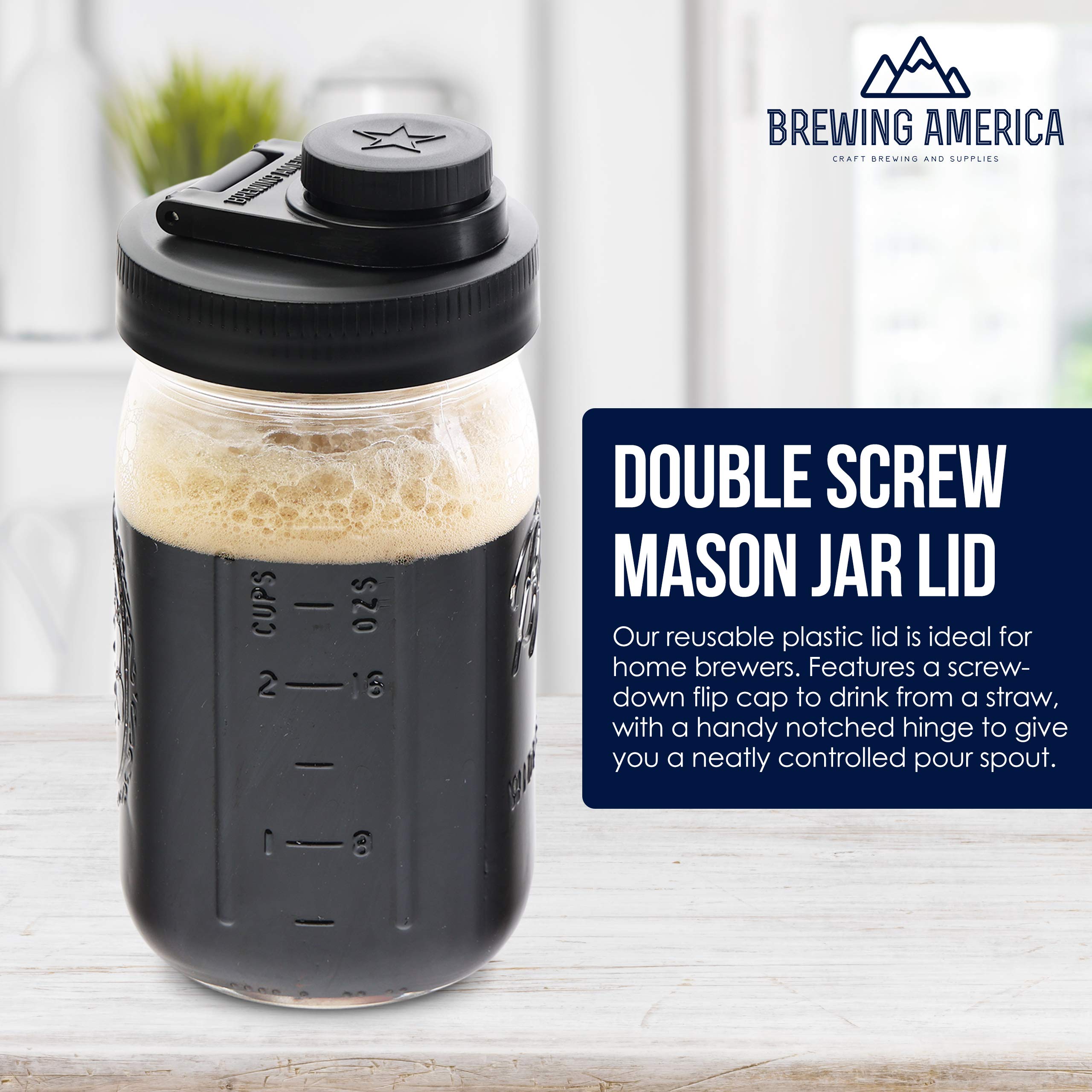Brewing America Glass Mason Jar Pitcher with Lid - Ball Jars, 1 Quart (32 oz) with Black Wide Mouth Mason Jar Pour Lid, 2-Pack