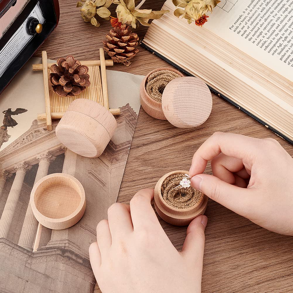 FINGERINSPIRE 3 Pcs Mini Round Wooden Box 1.8x1.4 inch Small Wooden Ring Box with Linen BurlyWood Ring Jewelry Earring Trinket Box DIY Wood Storage Container Case for Proposal Wedding Ring Storage