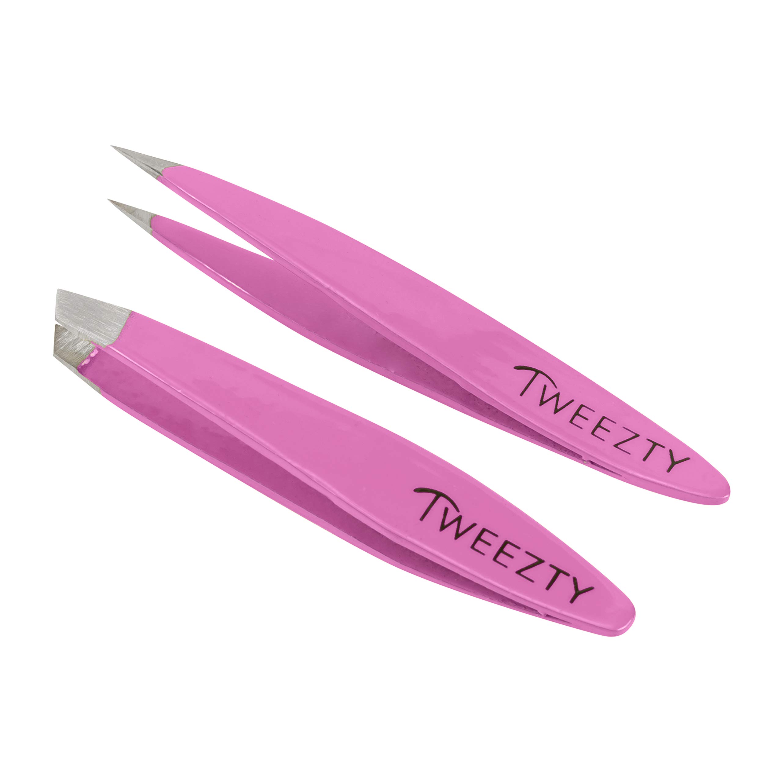 Tweezty Tweezer Set for Travel - Mini Slant Tweezers and Precision Tweezers - Tweezers for Eyebrows and Tweezers for Ingrown Hair - Pink Tweezers Kit with Travel Case