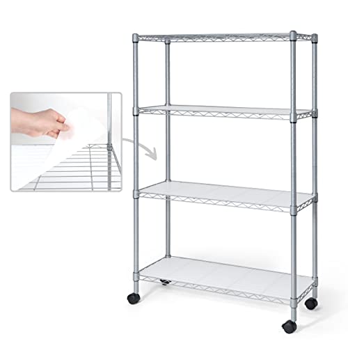 Fencer Wire NSF Adjustable Height Wire Shelving w/Liner & Wheels, Rolling Basement Storage Shelving, Metal Storage Shelving, Garage Shelving Storage Organizer, Utility Shelf, w/Liner, 4-Tier Silver