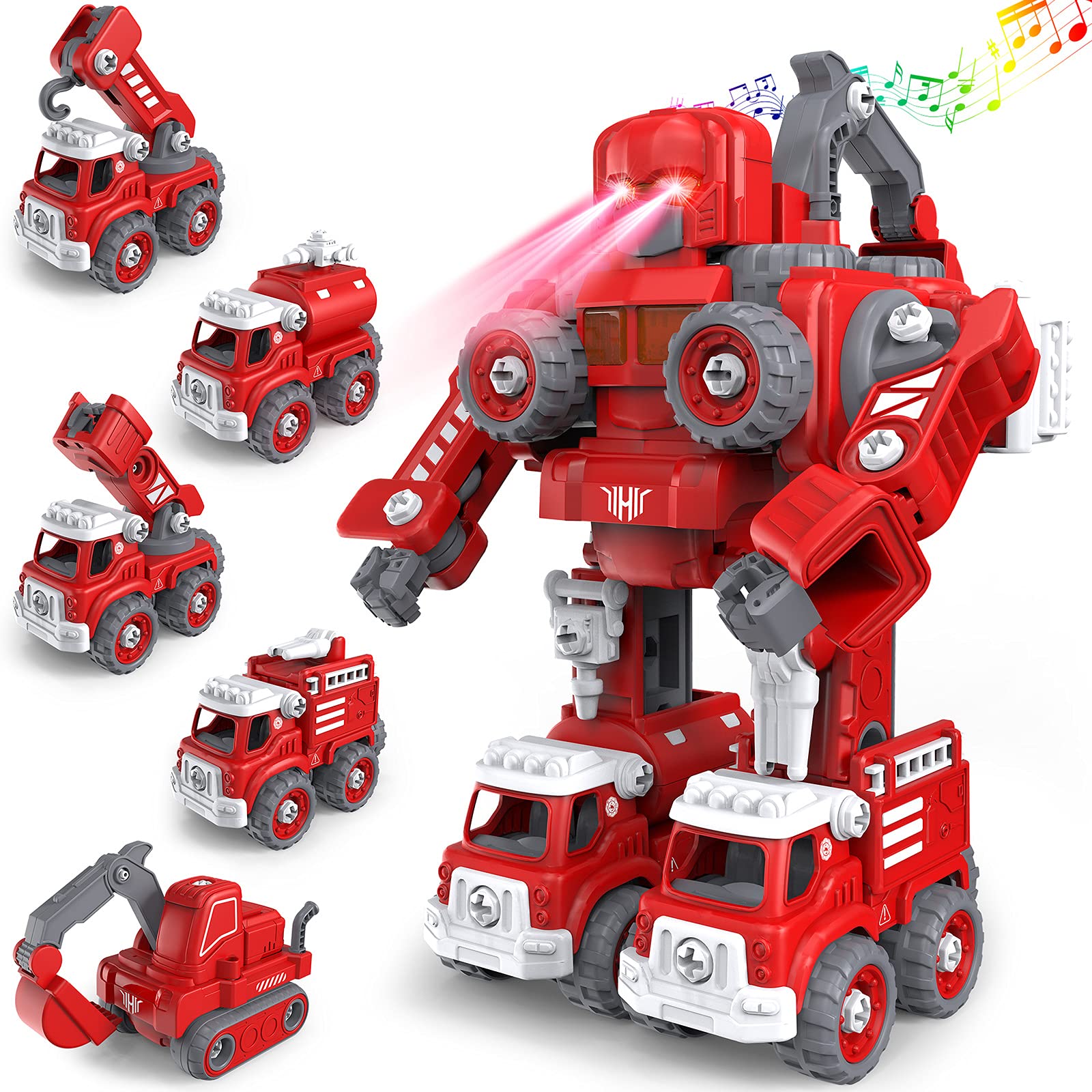 TOYABI Toys for 4-8 Year Olds 5-in-1 Fire Truck Transforming Robot Set - Take Apart Robot Firetruck STEM Toy for Boys and Girls - Ideal Christmas or Birthday Gift for Kids Ages 4 and Up