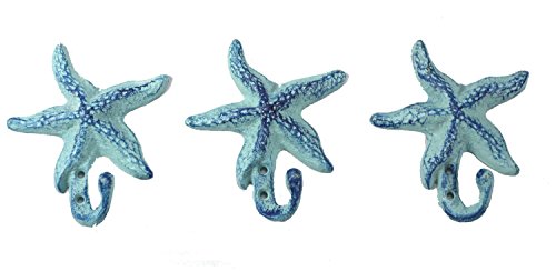 Starfish Cast Iron Wall Hooks Antique Blue - Set of 3 for Coats, Aprons, Hats, Towels, Pot Holders, More