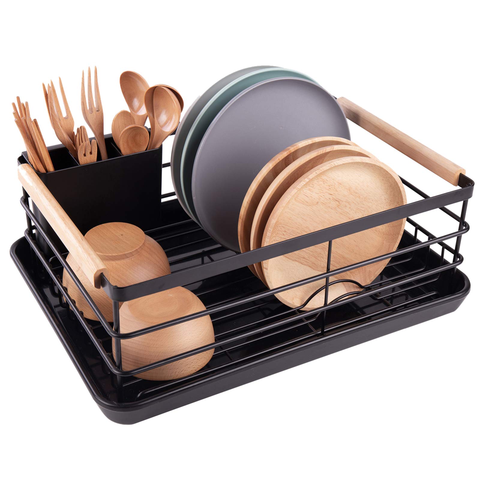 BRIAN & DANY Dish Drying Rack, Dish Racks for Kitchen Counter, Stainless Steel Dish Drainer with Removable Cutlery Holder & Drainboard, Black