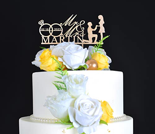 Carved wood decoration,Personalized Wedding Cake Toppers, Customize Wedding Date And Last Name, Bride & Groom,Mr& Mrs Cake Topper,Cake Topper (Diamond ring + Character(wood))