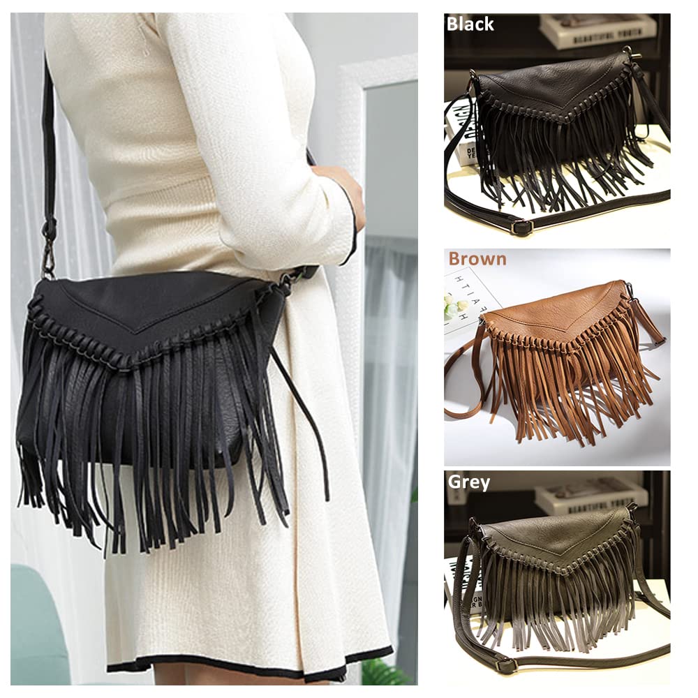 Boho Women's PU Leather Hobo Fringe Crossbody Tassel Purse Vintage Small Handbag (Black)