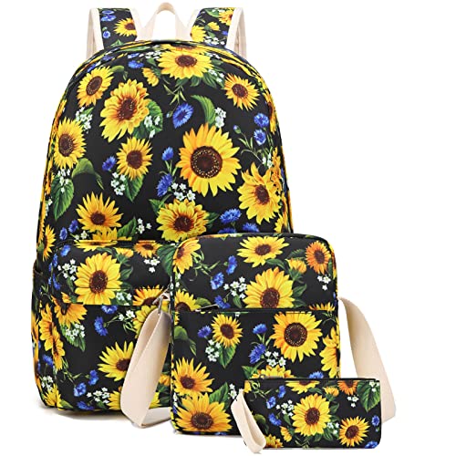 EZYCOK Laptop Backpack for Women, Water Resistant College Bookbag Casual Daypack with Sling Bag and Pencil Case, Sunflower