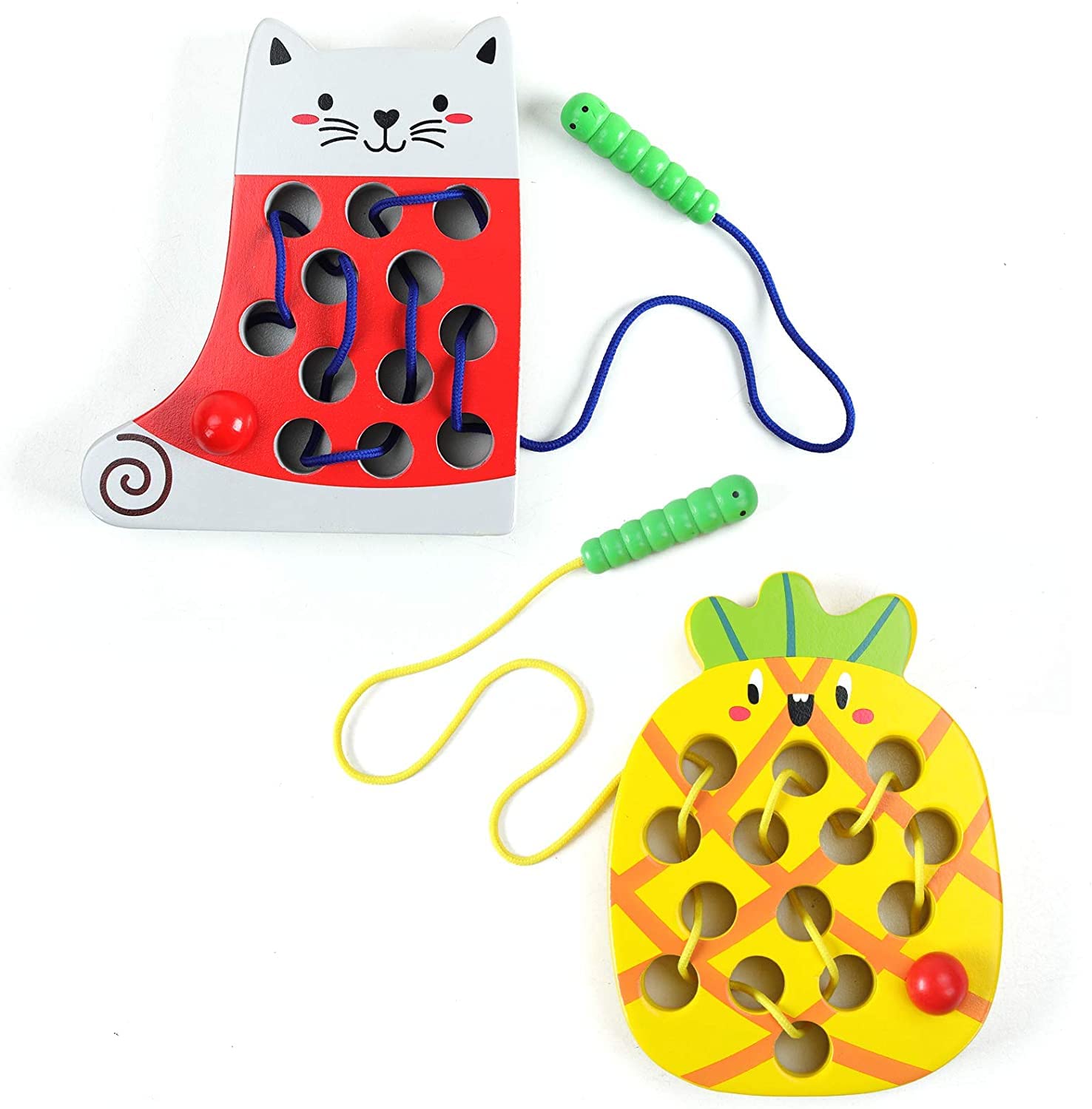 QZMTOY Wooden Lacing Toy, Cat Pineapple Threading Toys Toddler Activities Fine Motor Skills Montessori Toys for Toddlers Travel Game Early Learning Educational Gifts for Boys Girsl Baby Kids