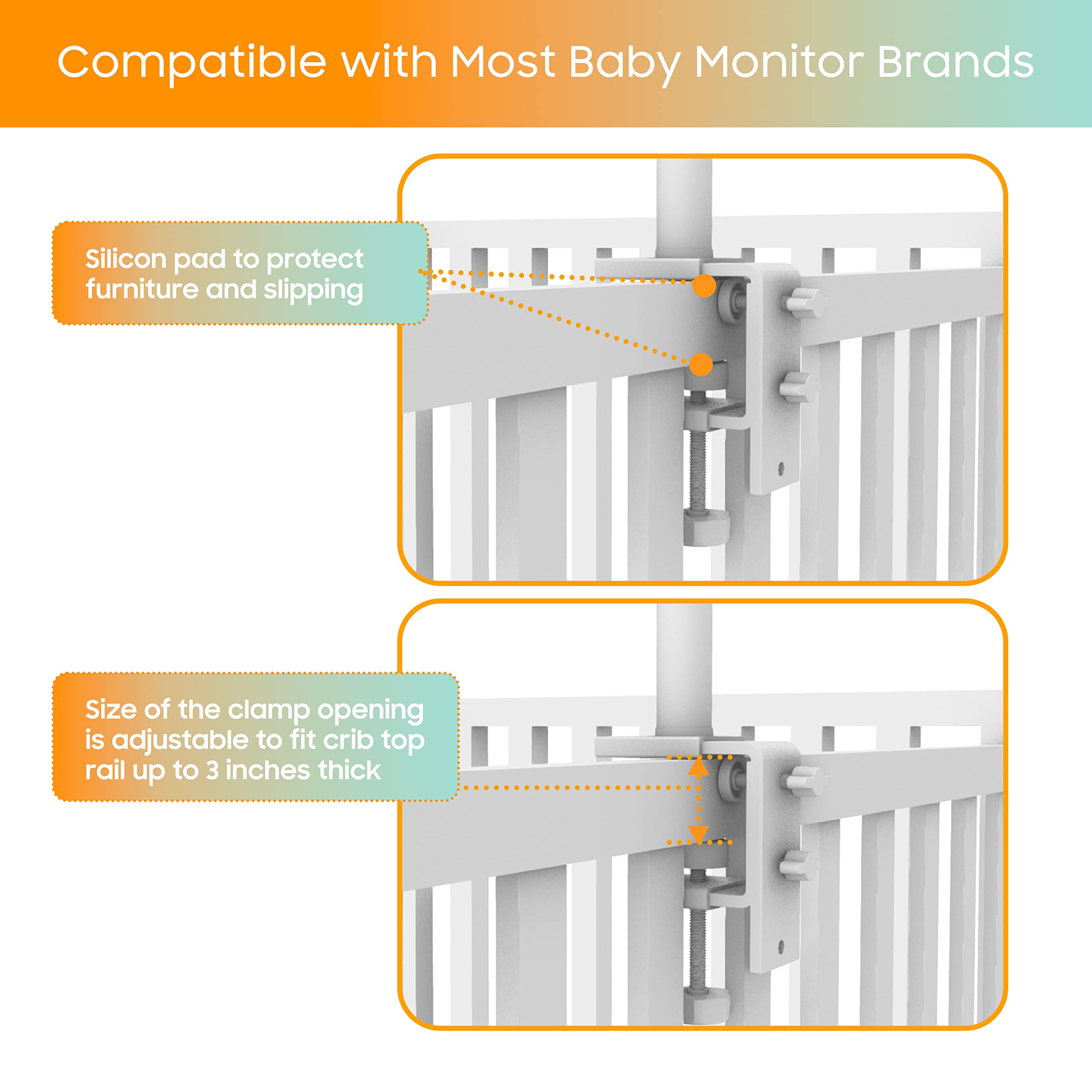 CHILLAX Crib Mount Universal Baby Camera Holder Baby Camera Stand Compatible with Most Branded Baby Camera wtih 1/4” Tripod Mount like, Motorola, Infant Optics, Vtech.