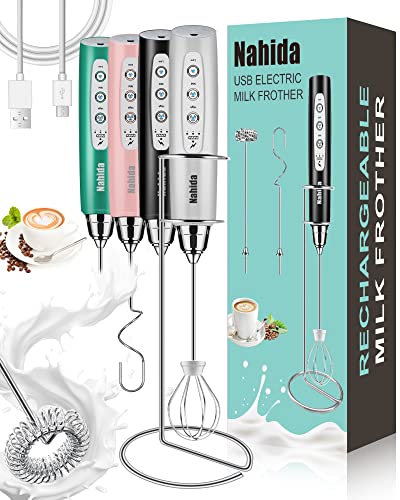 Nahida Handheld Milk Frother for Coffee with Stand, Rechargeable Drink Foam Mixer with 3 Heads 3 Speeds Electric Stirrers for Latte, Cappuccino, Hot Chocolate, Egg, Cord-Free