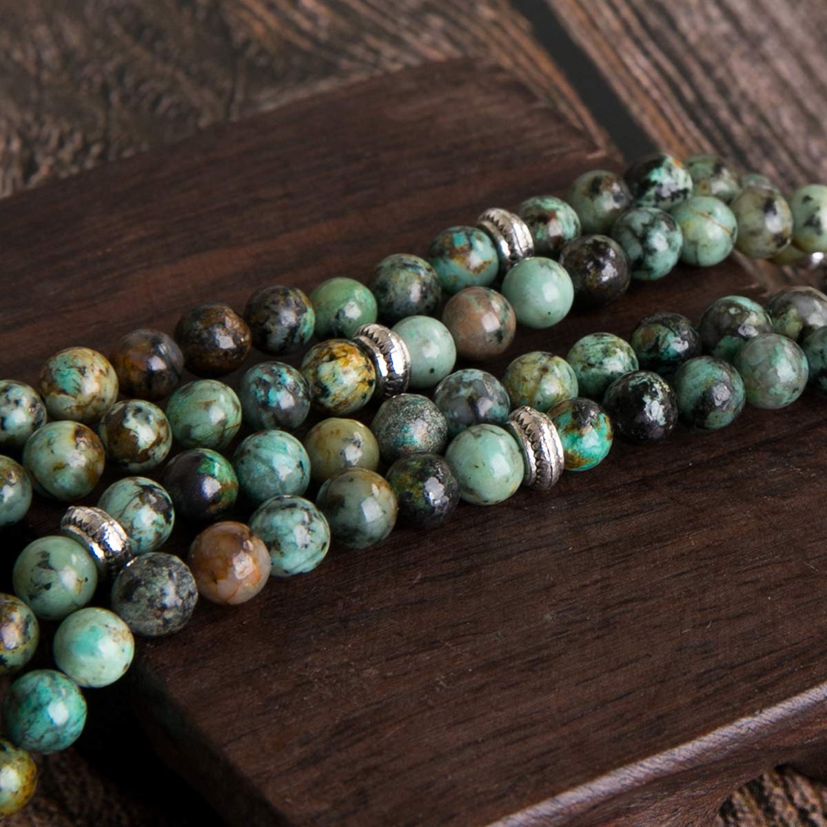 Bivei 108 Mala Beads Necklace Beaded Wrap Bracelets Genuine Gemstone Mala Prayer Beads Lotus Charm Yoga Meditation Necklace - African Turquoise