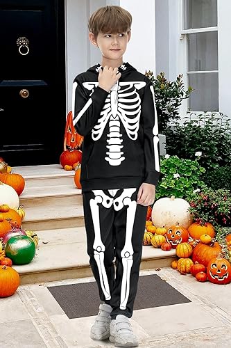 Girls Halloween Costume Bone Skeleton Skull Sweatshirt Hoodie Pant Set for Boys 9-10 Years