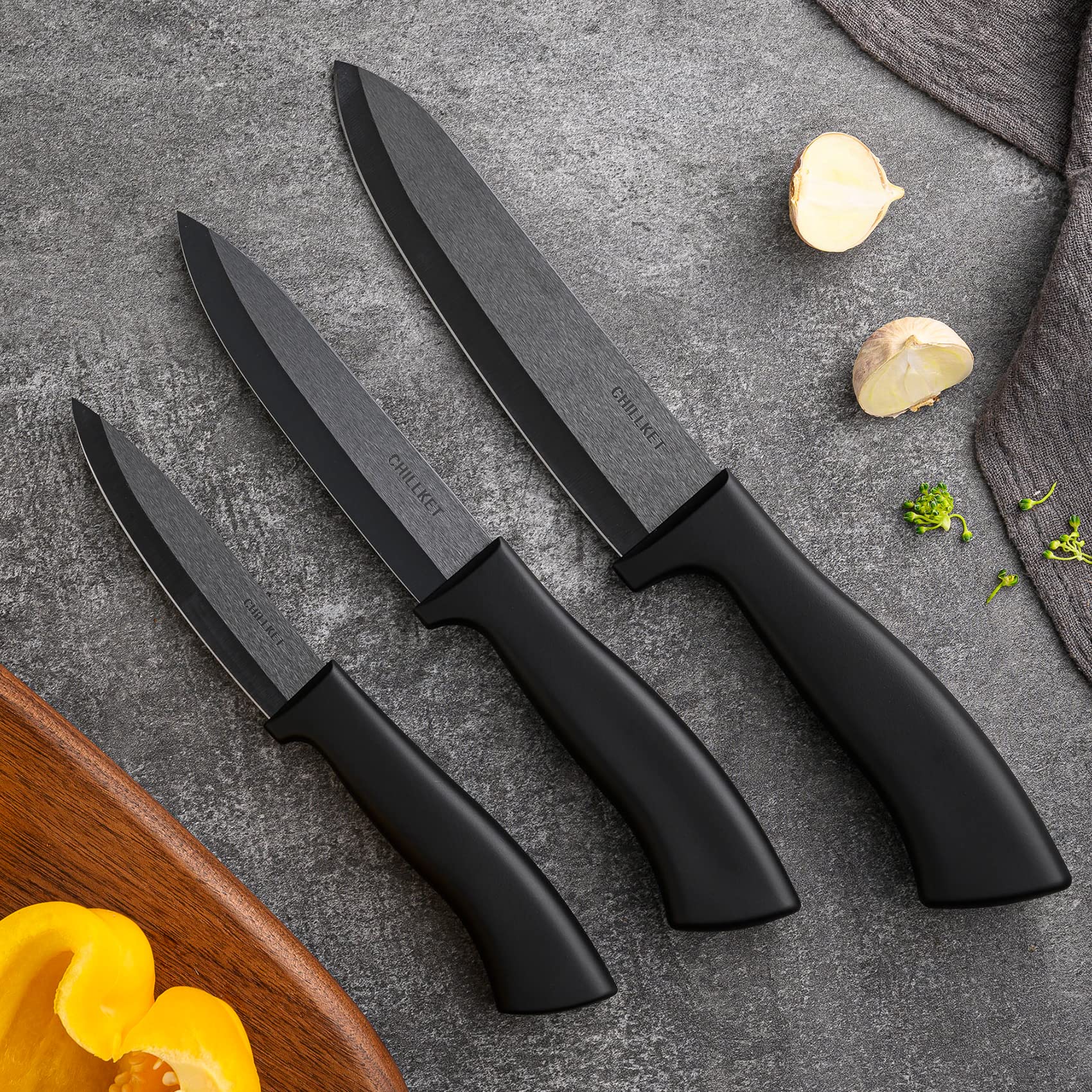 CHILLKET Ceramic Knife Set - Kitchen Knives 3 Pieces Set - 6 inch Chef Knife, 5 inch Utility Knife and 4 inch Paring Knife with covers
