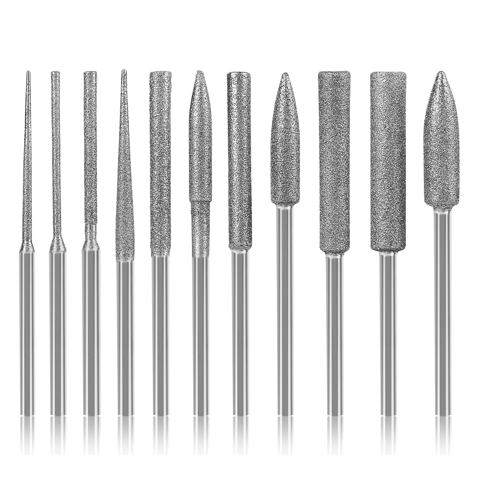 Stone Carving Set Diamond Burr Bits Compatible with Dremel, 11PCS Polishing Kits Rotary Tools Small Long Cone Accessories with 1/8’ Shank For Carving, Engraving, Grinding, Stone, Rocks, Jewelry, Glass