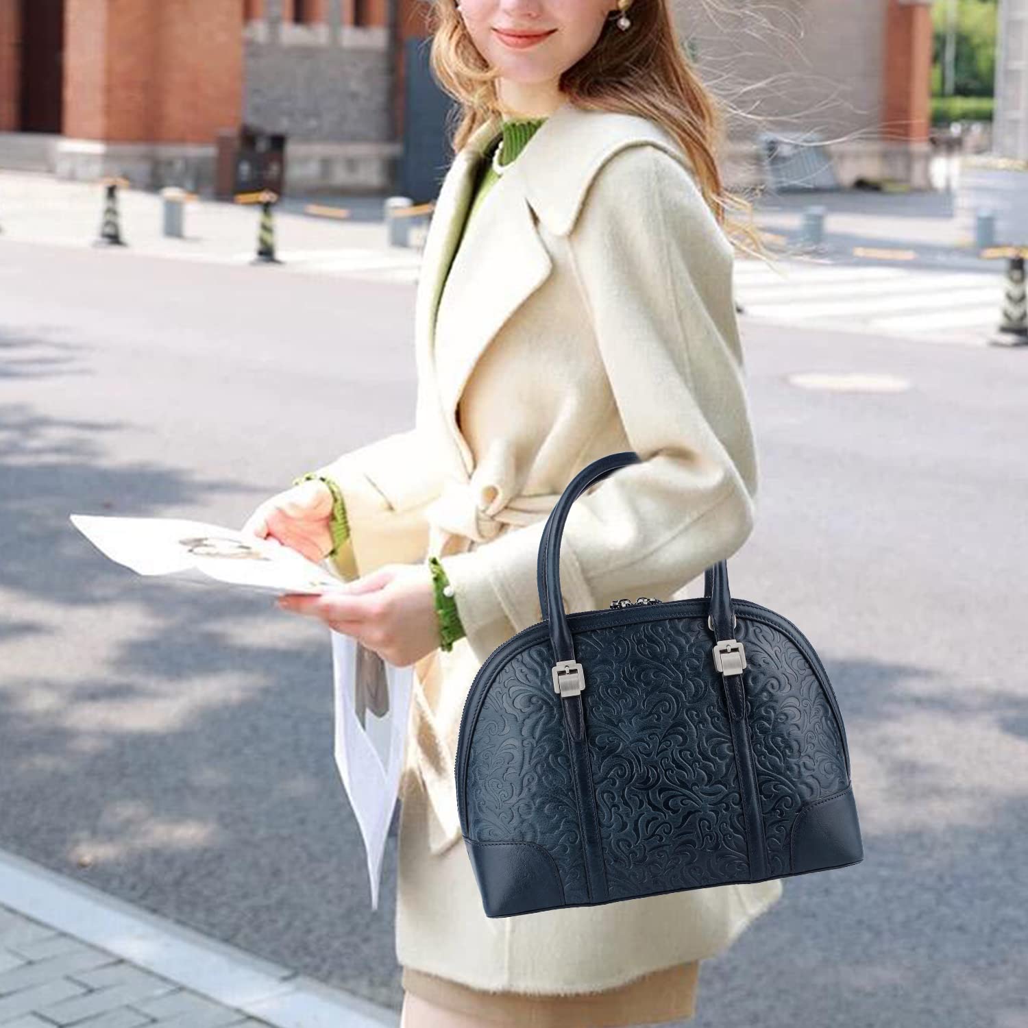 Banuce Blue Embossed Pattern Leather Handbags for Women Purse Shoulder Tote Bag