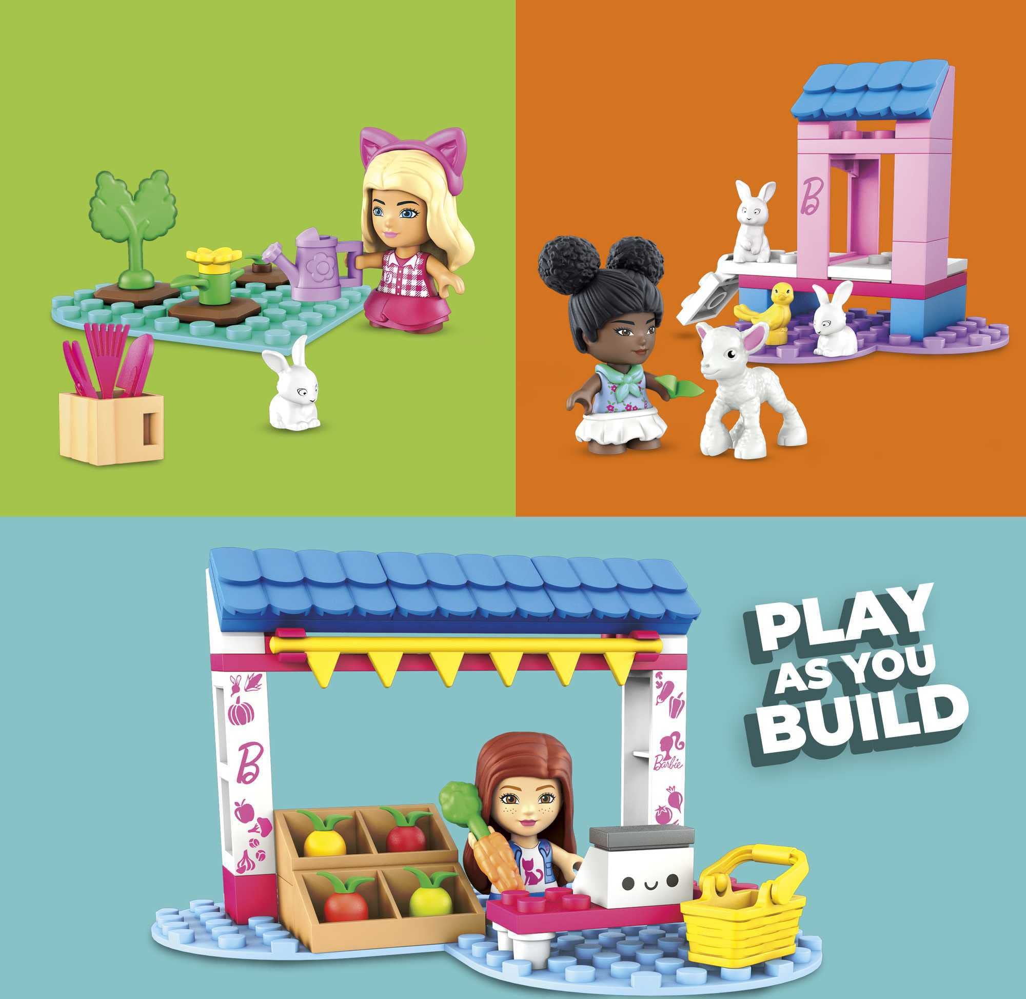 MEGA Barbie Toy Building Set, Farmer's Market with 3 Barbie Micro-Dolls, 4 Barbie Pets and Accessories, Easy to Build Set for Ages 4 and Up