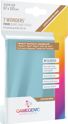 Prime Board Game Sleeves | Pack of 80 Extra-Clear Sleeves | 67 by 103 mm Card Sleeves Optimized for Use with 7 Wonders | Premium Card Protection | FFG Brown Color Code | Made by Gamegenic