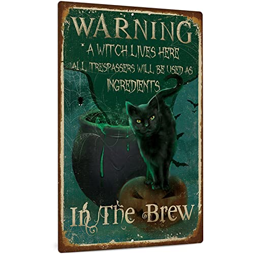 Putuo Decor Halloween Sign, Funny Black Cat Wall Art Decor for Home, 12x8 Inches Aluminum Metal Sign - Warning A Witch Lives Here All Trespassers Will Be Used As Ingredients in The Brew