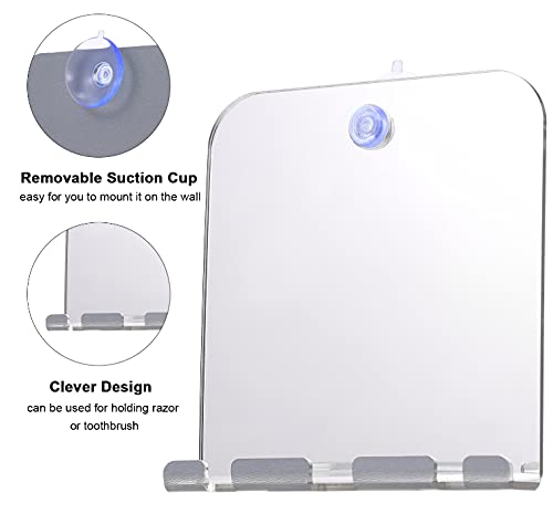 Funerom 5.4x5.1 inch Fogless Bathroom Shaving Mirror with Built-in Razor Holder Includes 4 Adhesive Hooks 2 Anti-Fog Film Anit-Fog Shower Mirror Frameless Portable Square