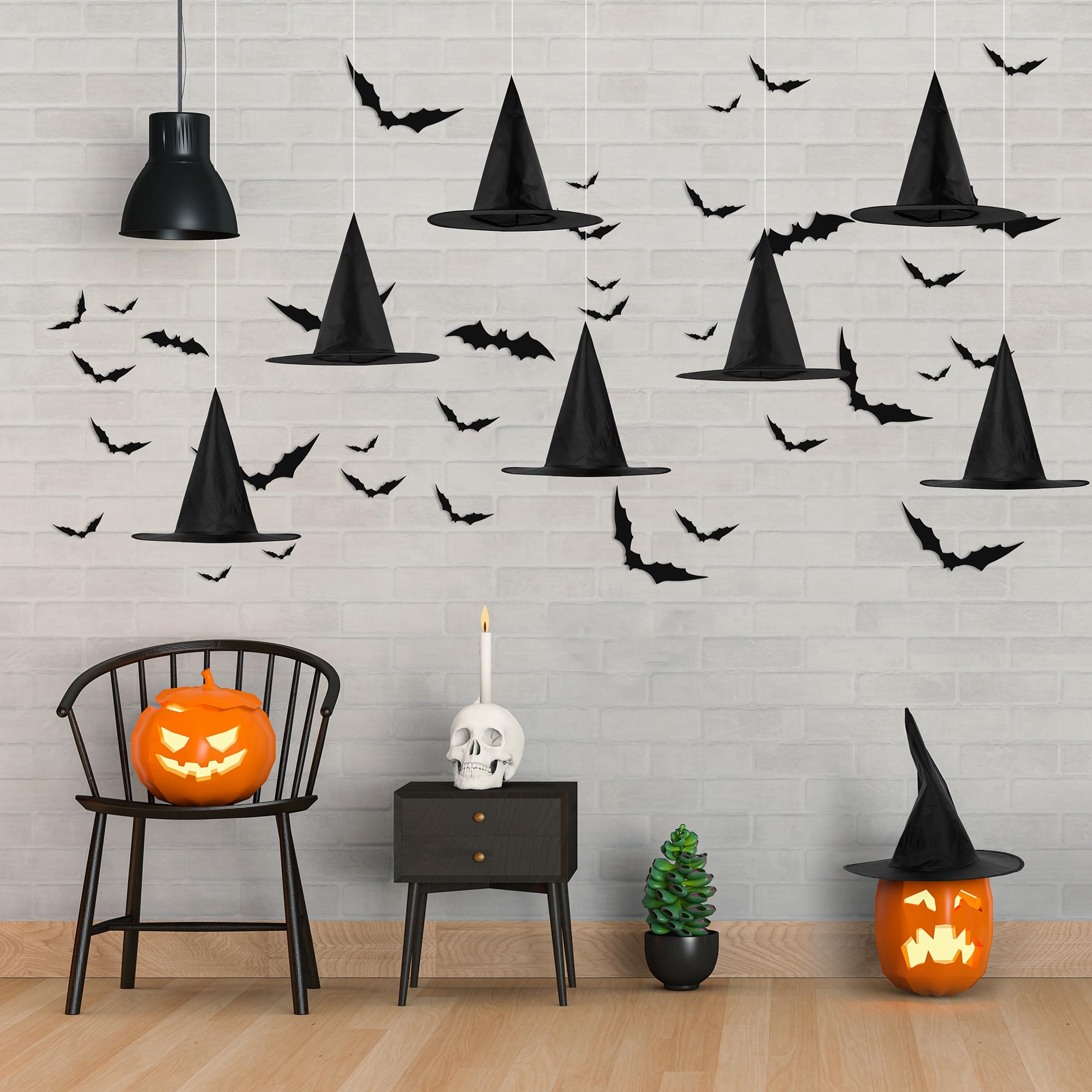 Elcoho 12 Halloween Black Witch Hats, Costume Accessories Caps, 32 3D Bat Wall Stickers for Yard Party