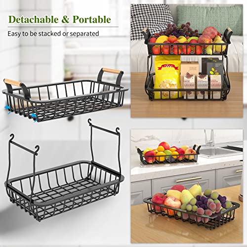 OKZEST 2 Tier Fruit Basket with 2 Banana Hangers, Vegetable Fruit Basket Bowl for Kitchen Countertop, Metal Fruit Storage Stand Holder Organizer for Bread Snack Potato Onion Produce