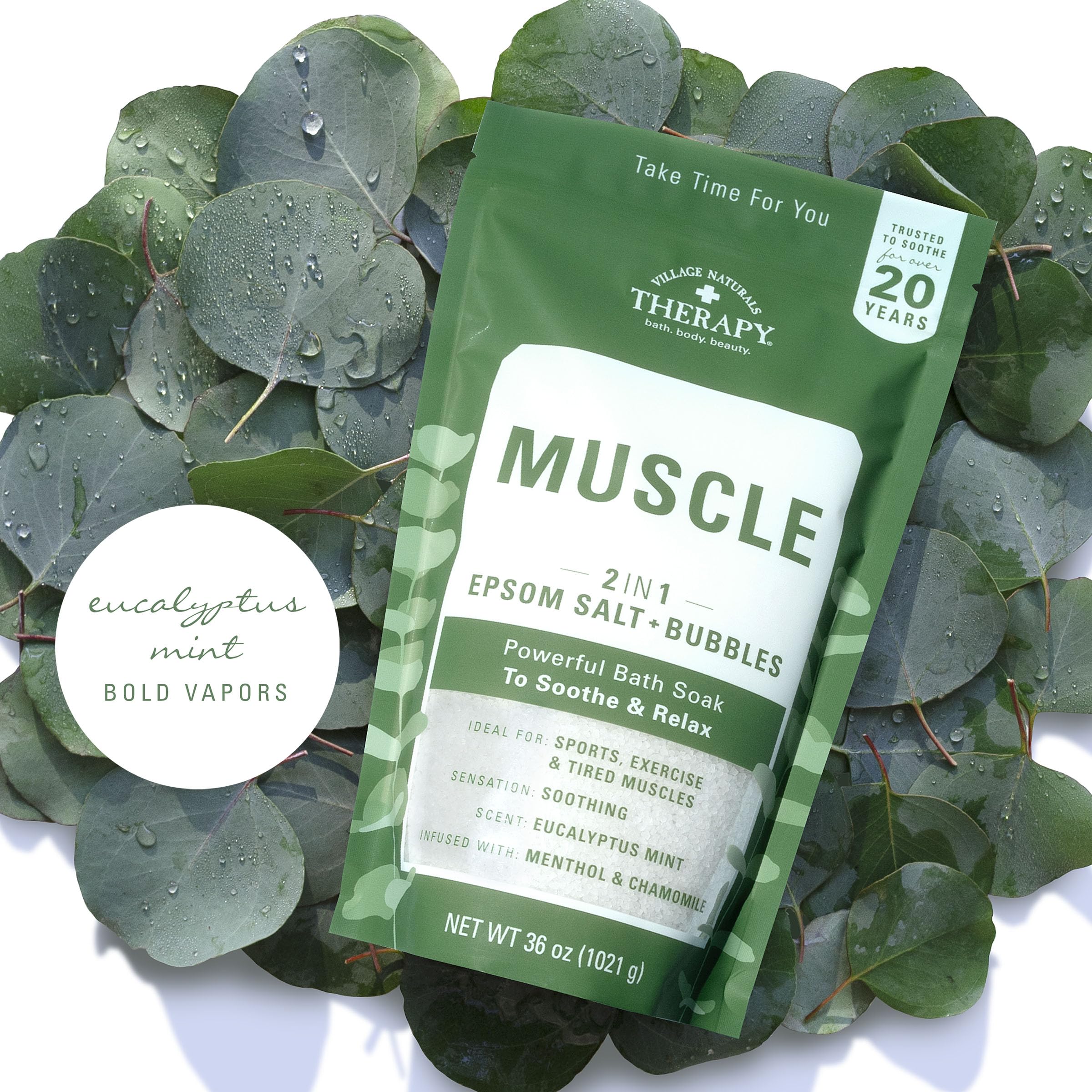 Village Naturals Therapy Muscle Foaming Epsom Soak, Eucalyptus Mint Scent, 36 oz, Pack of 2