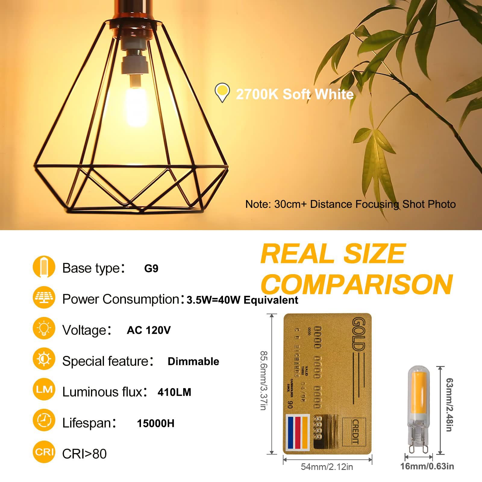 Doodays G9 LED COB Bulb Dimmable 3.5W, 410lm(40W T4 G9 Halogen Equivalent),2700K Soft Warm White, 120V, No Flicker, Chandelier Light Bulb Replacement(6 Pack)