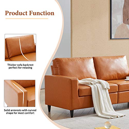 EMKK 75 inch Large Sofa, Modern 3 Seater Couch Furniture, Three-seat Classic PU Leather Settee Back for Living Room, Apartment and Small Space, Gray, Brown