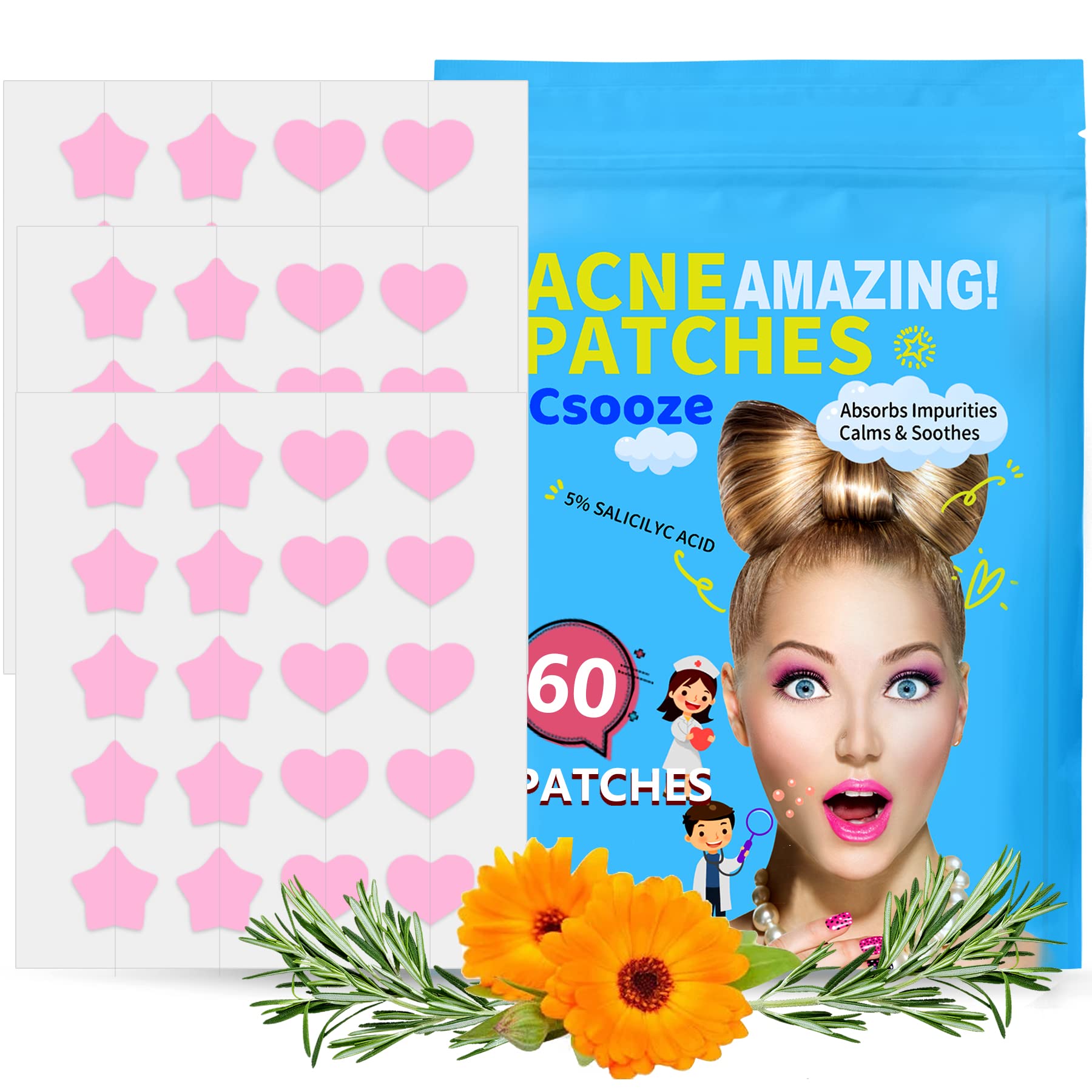 Csooze Acne Patches (60 Patches), Hydrocolloid Acne Patch with Salicylic Acid, Pimple Patches for Face, Invisible Zit Patch Hydrocolloid Acne Dots for Healing Acne - Acne Treatment