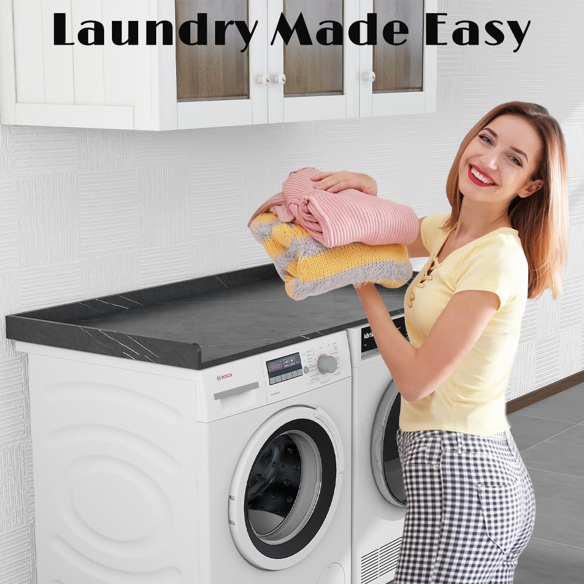 dooloric Washer Dryer Countertop, Laundry Counter top with Edge Rails Non-Slip Pads,27.6" Depth x 54" Width Wood Topper for Washer Dryer,Laundry Machine Cover for Storage and Organization Oak