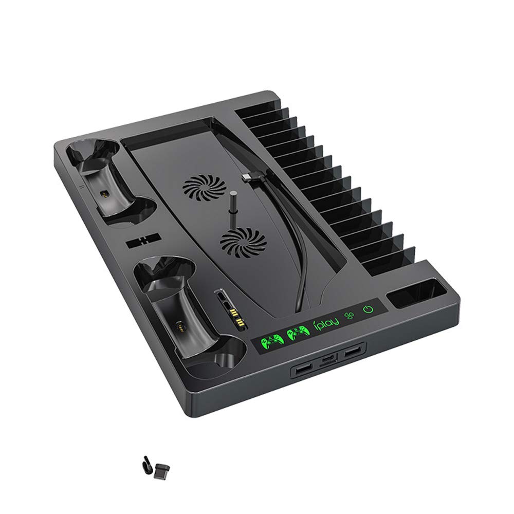Vertical Stand for Playstation 5 with 2 Cooling Fan, 2 Charging Station for PS5 Digital/CD-ROM Edition Console with 15 Game Storage, 1 Pulse 3D Headset Holder, 1 Media Remote Storage (Black)