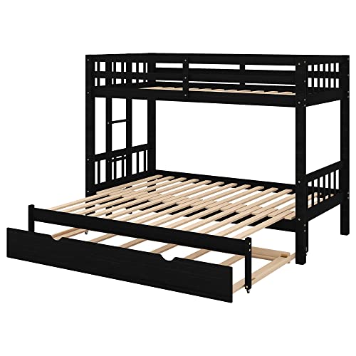 EMKK Twin Over Pull-Out Queen Full Bunk Bed with Trundle, Solid Wood BunkBed Frame with Ladder, Extendable Bunkbeds with Safety Rail for Kids Adults Teens, Espresso