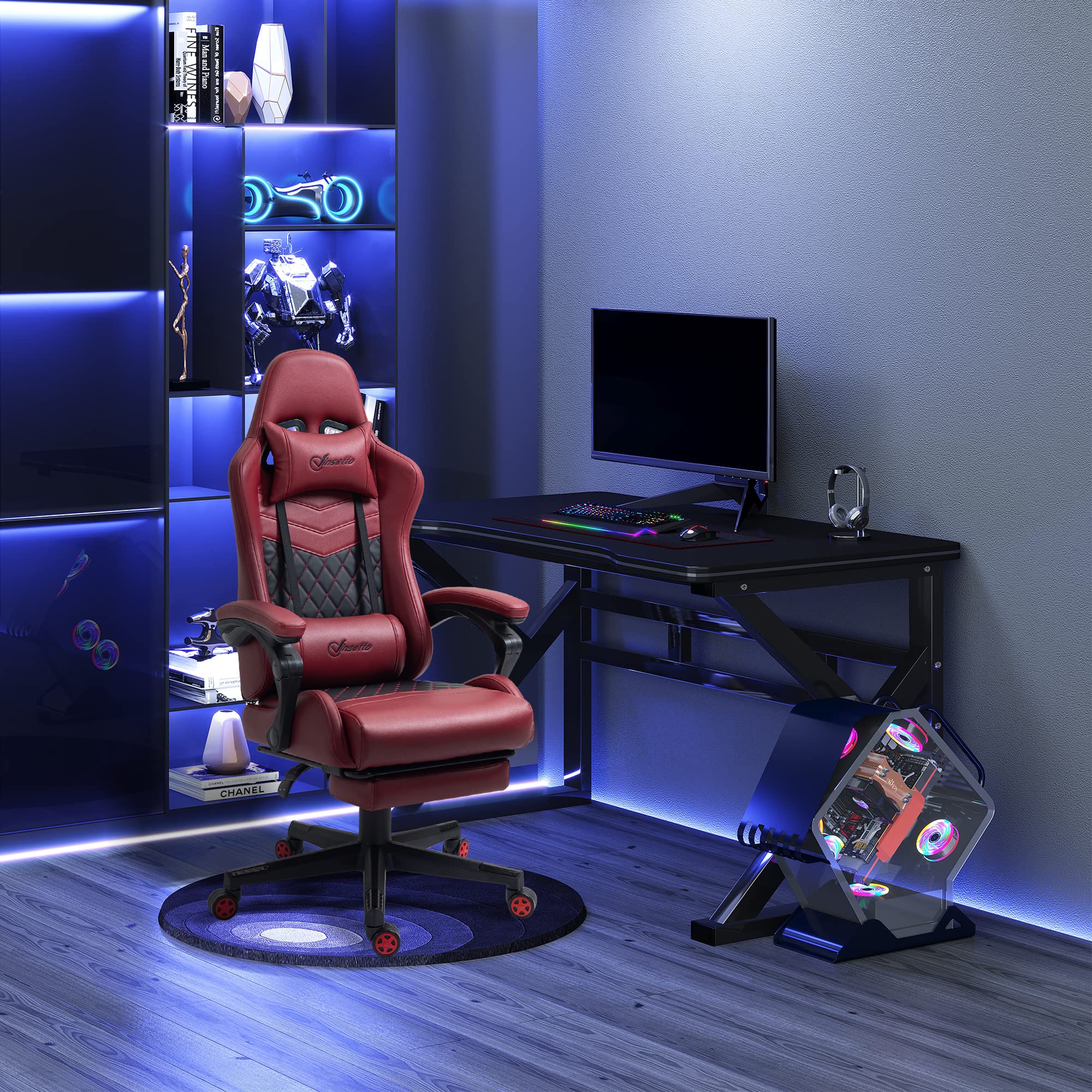 Vinsetto Racing Gaming Chair Diamond PU Leather Office Gamer Chair High Back Swivel Recliner with Footrest, Lumbar Support, Adjustable Height, Red