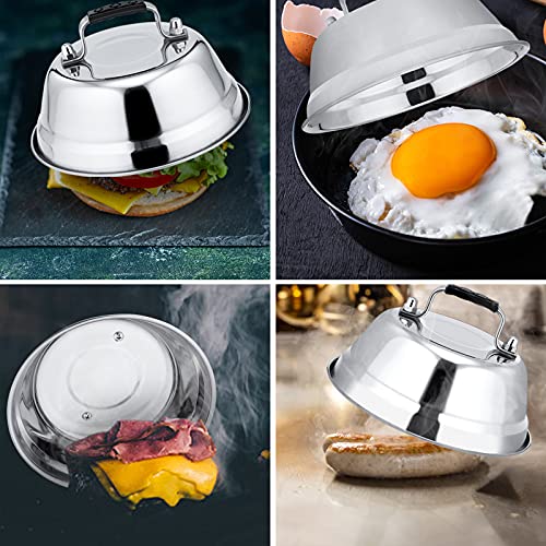 Leonyo 2 PCS 6.5 Inch Heavy Duty Cheese Melting Dome - Stainless Steel Round Basting Steam Cover for Grilling Flat Top Cast Iron, Heat Resistant Handle Griddle Accessories, Dishwasher Safe, Keep Warm