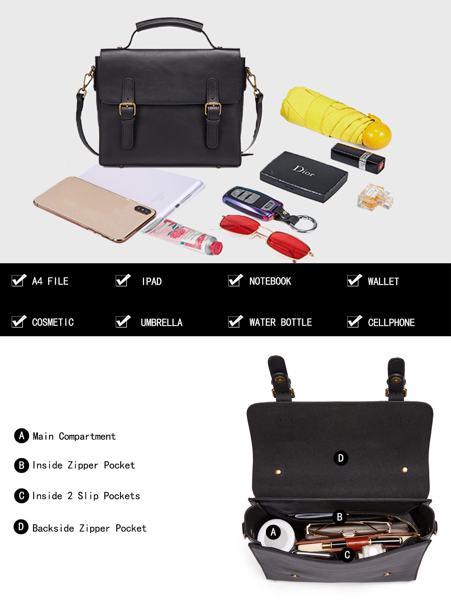 Vintage Leather Messenger Bag For Women Top Handle Shoulder Handbags Fit A4 Paper (Black)