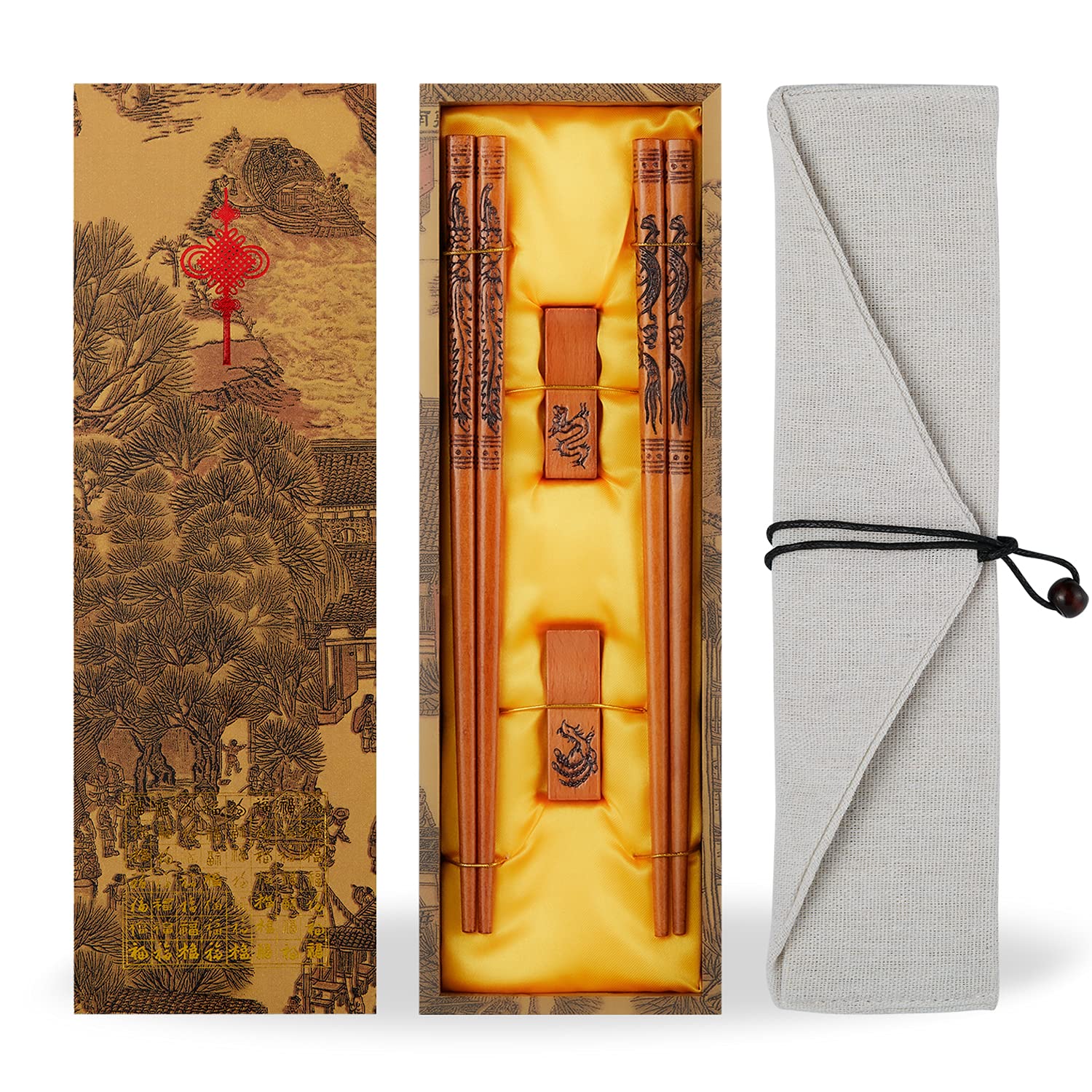 CAEKAIGTA Chopsticks Reusable, Wooden Dragon and Phoenix Chopsticks, Reusable Chopsticks Dishwasher Safe,Chopsticks Set Gift Box packaging(2 pairs)