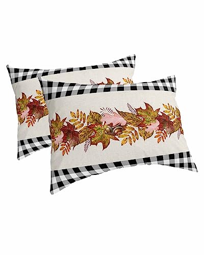 Edwiinsa Thanksgiving Pillow Covers Standard Size Set of 2 Bed Pillow, Farmhouse Fall Maple Leaf Black White Plaid Plush Soft Comfort for Hair/Skin Cooling Pillowcases with Envelop Closure 20''x26''