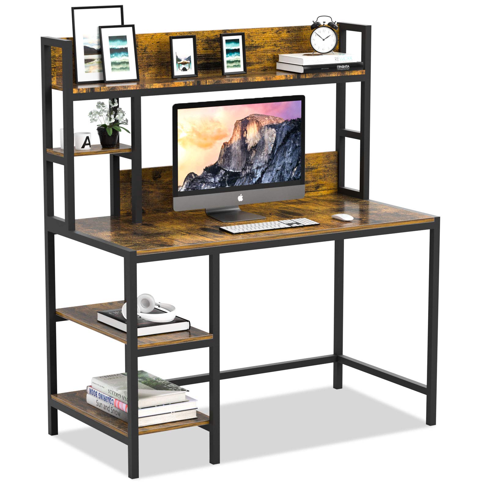 Bizzoelife Computer Writing Desk with Hutch and Bookshelf, Home Office Study Table & 2 Tier Storage Shelves Combo, 47inches Sturdy Wooden Vanity Desk for Kids and Student, Easy Assembly, Retro Brown