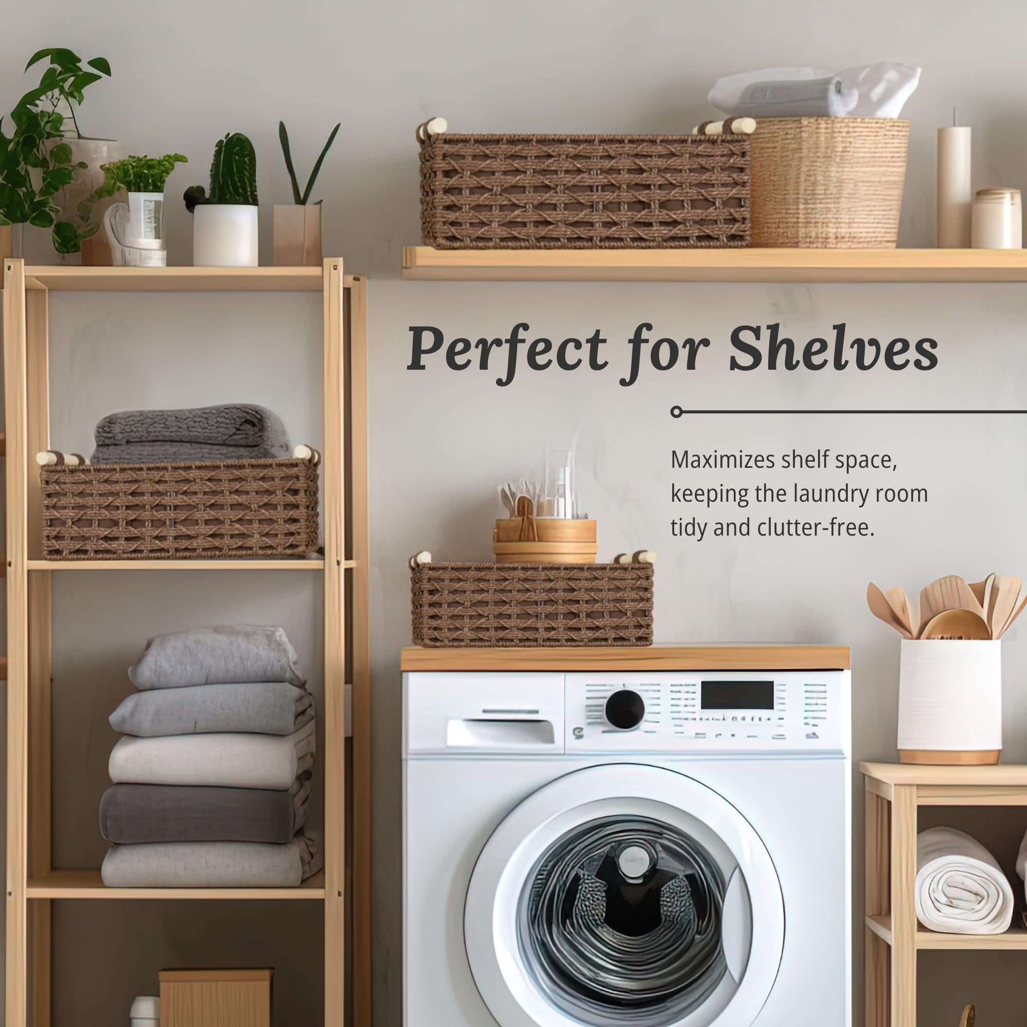 DECOMOMO Wicker Storage Basket, Toilet Paper Basket for Organizing Storage, Paper Rope Baskets with Liner and Wooden Handles for Shelves Cosmetics Books (Brown β 3 Pack)