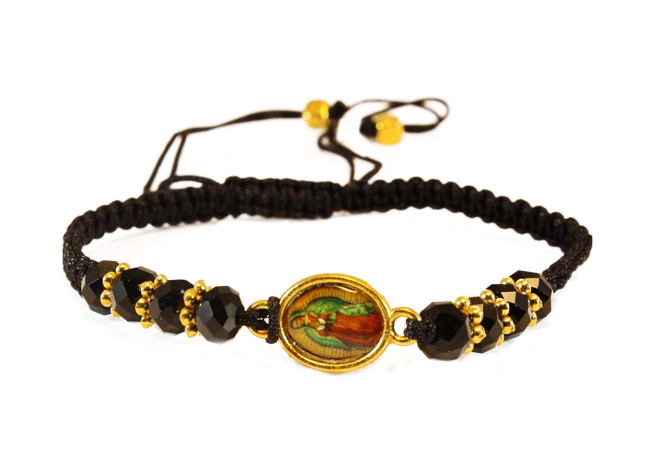 Black String Virgin Mary Black Bead with Golden-Inlay Adjustable Bracelet Protection Prosperity Good Luck Pulsera De La Virgen Maria Color Negro Proteccion Prosperidad Buena Suerte (Black Bead)