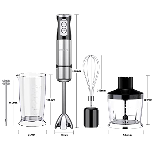 HOUCAE Hand Blender, Turbo for Finer Results, 4-in-1 Gift Set, 500 Watt 6-Speed Immersion Multi-Purpose Hand Blender Heavy Duty Copper Motor Brushed 304 Stainless Steel With Whisk, Milk Frother Attachments. Black.