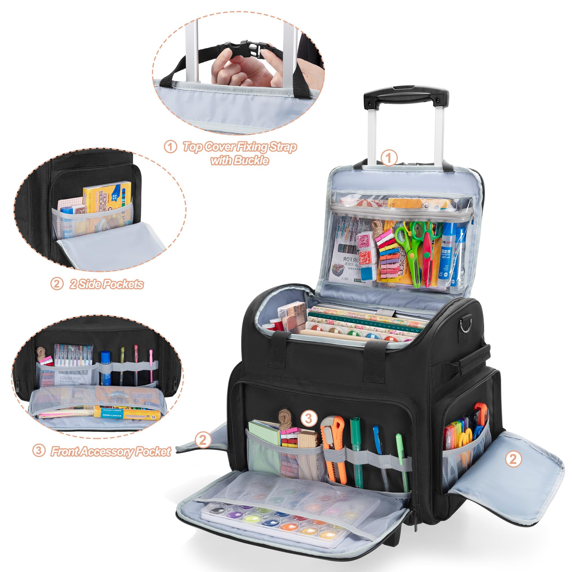 CURMIO Rolling Scrapbook Tote with Wheel, Craft Storage Bag with Expandable File Organizer for Scrapbook Supplies, Albums, Black (Bag Only)
